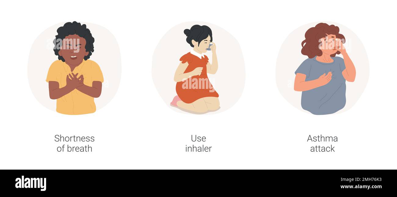 Childhood asthma isolated cartoon vector illustration set. Shortness of ...
