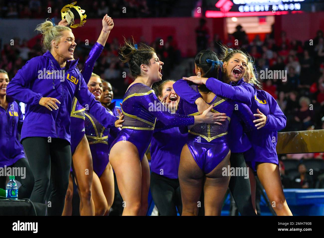 LSU gymnasts celebrate after a routine against Georgia during an NCAA ...