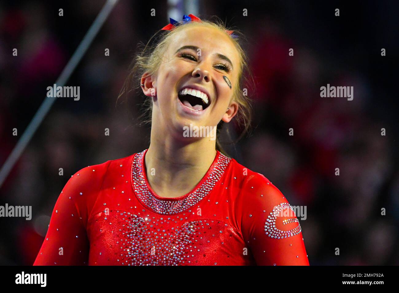Georgia gymnast Haley de Jong reacts after her routine on bars during ...