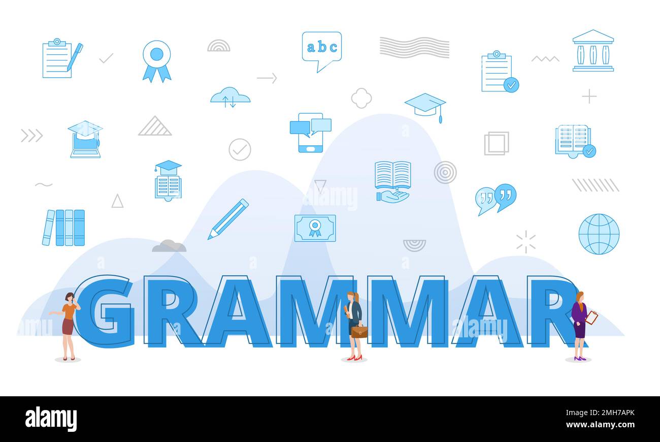 grammar concept with big words and people surrounded by related icon ...