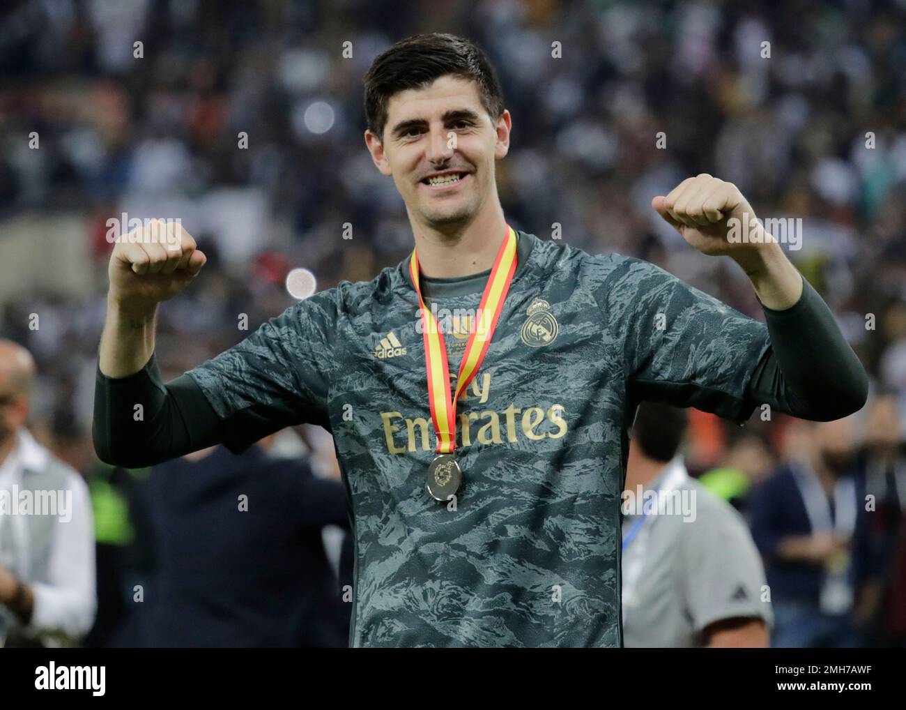 Real Madrid's goalkeeper Thibaut Courtois celebrates at the end of the ...