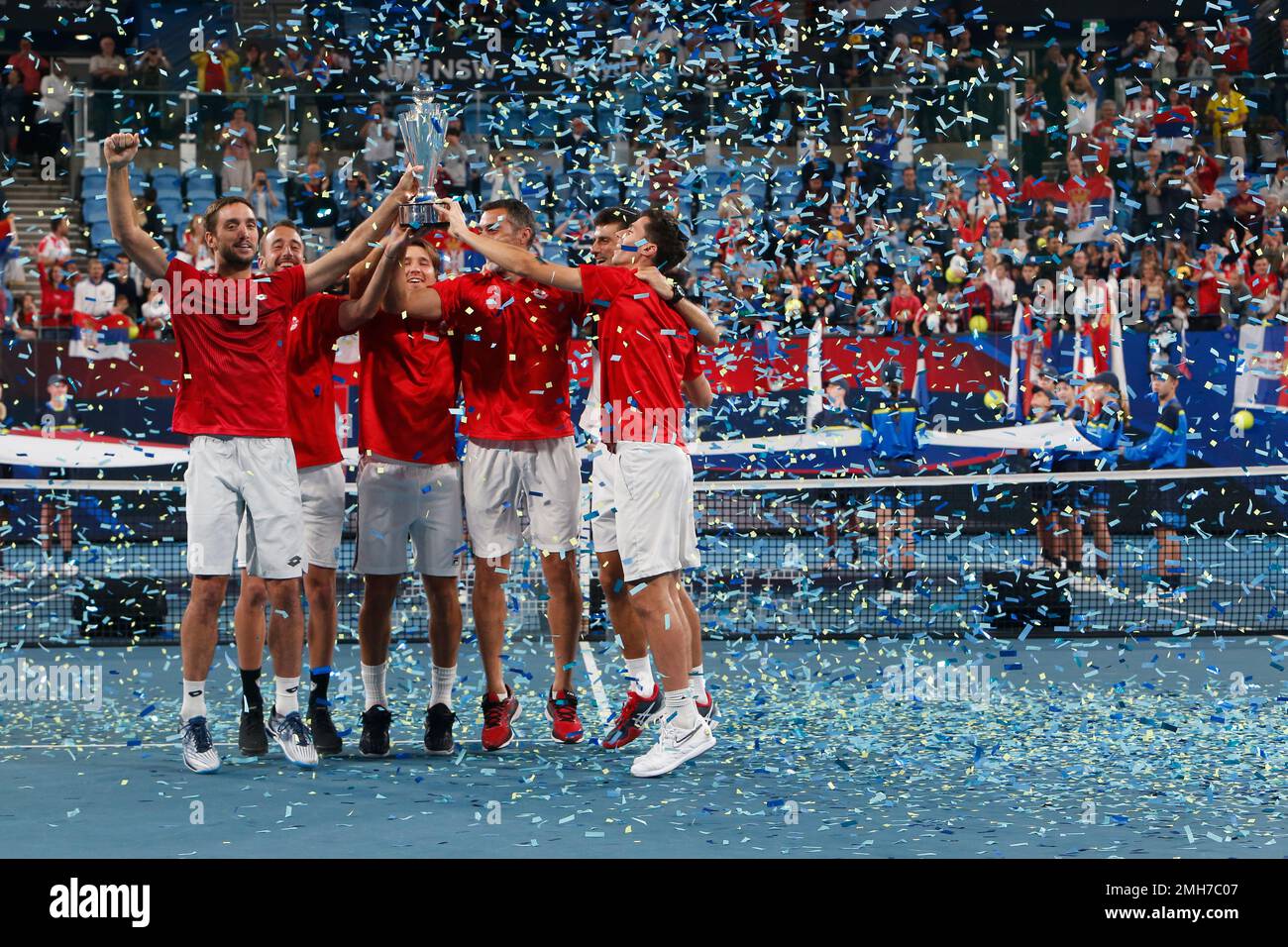 Serbia hold up the ATP CUP after defeating Spain during their ATP Cup ...
