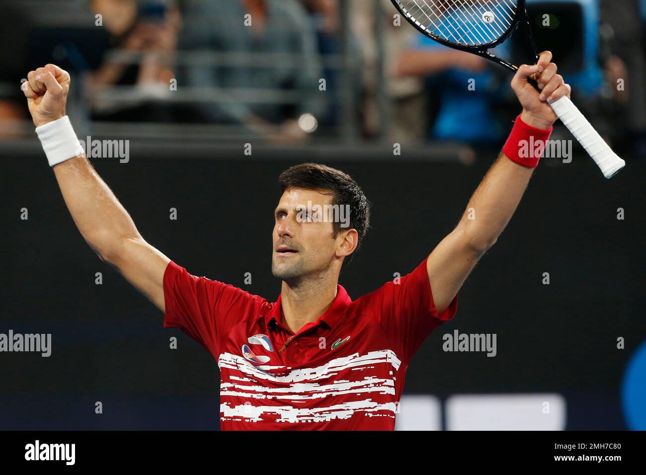 Novak Djovovic of Serbia reacts after winning the match against Rafael ...