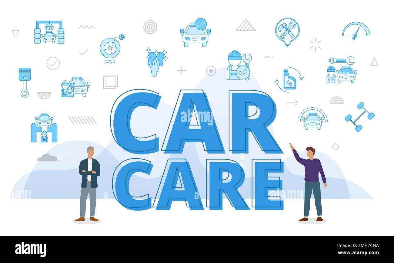 car care concept with big words and people surrounded by related icon ...