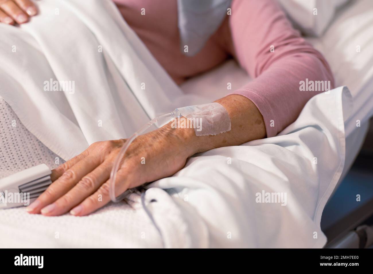 Close up of senior caucasian female patient lying in hospital bed with ...