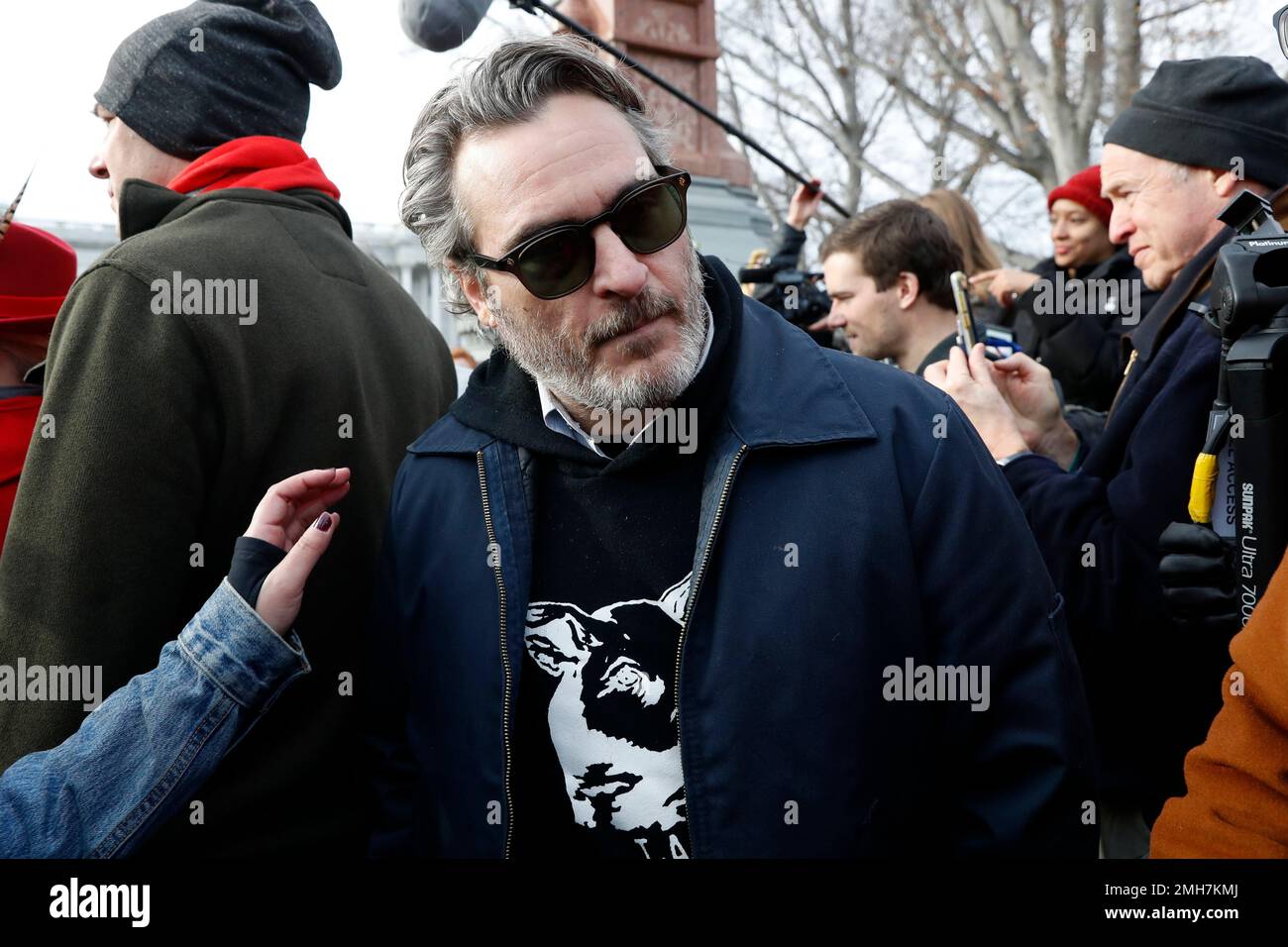 Actor Joaquin Phoenix stands outside the U.S. Capitol during a protest ...