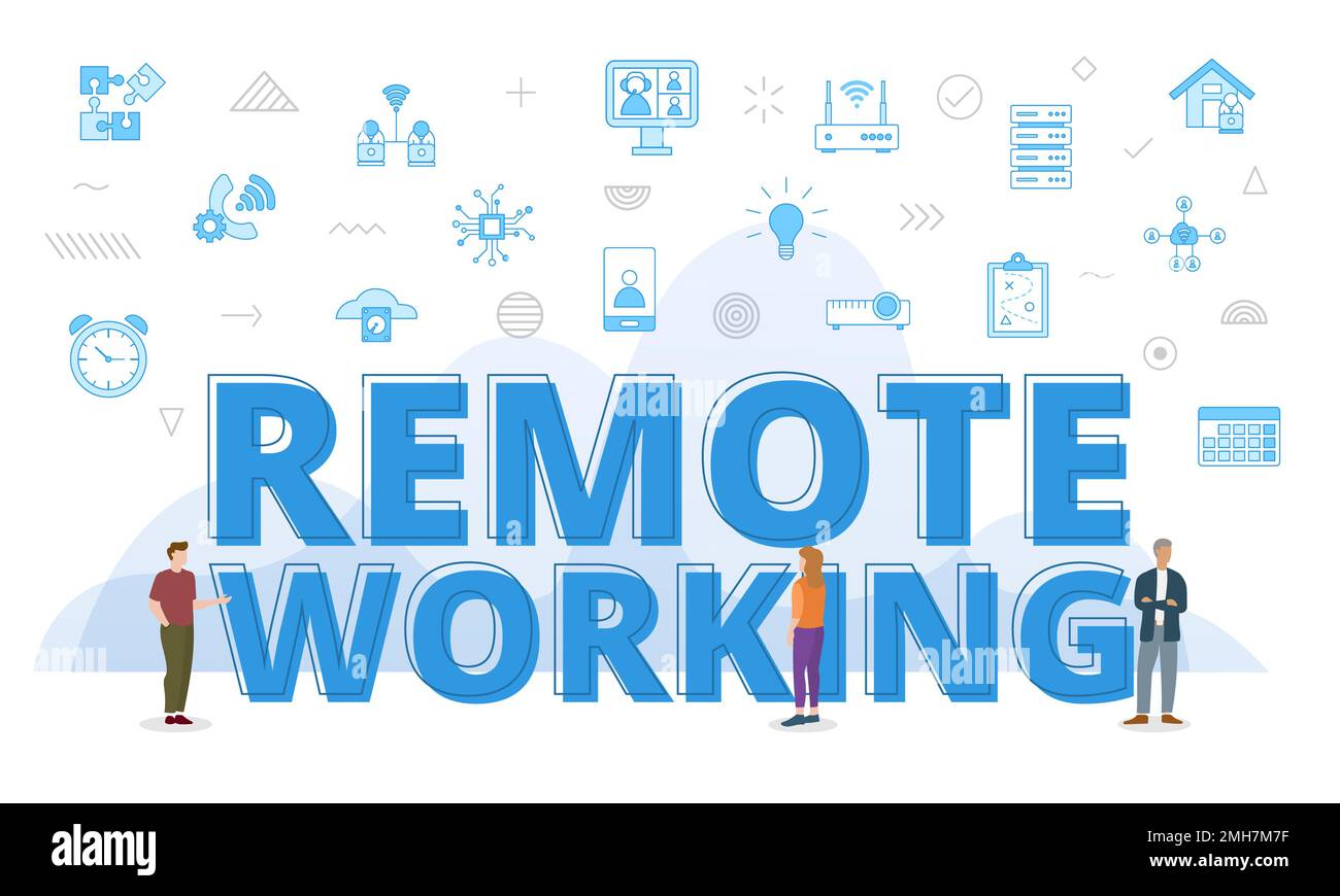 remote working concept with big words and people surrounded by related ...