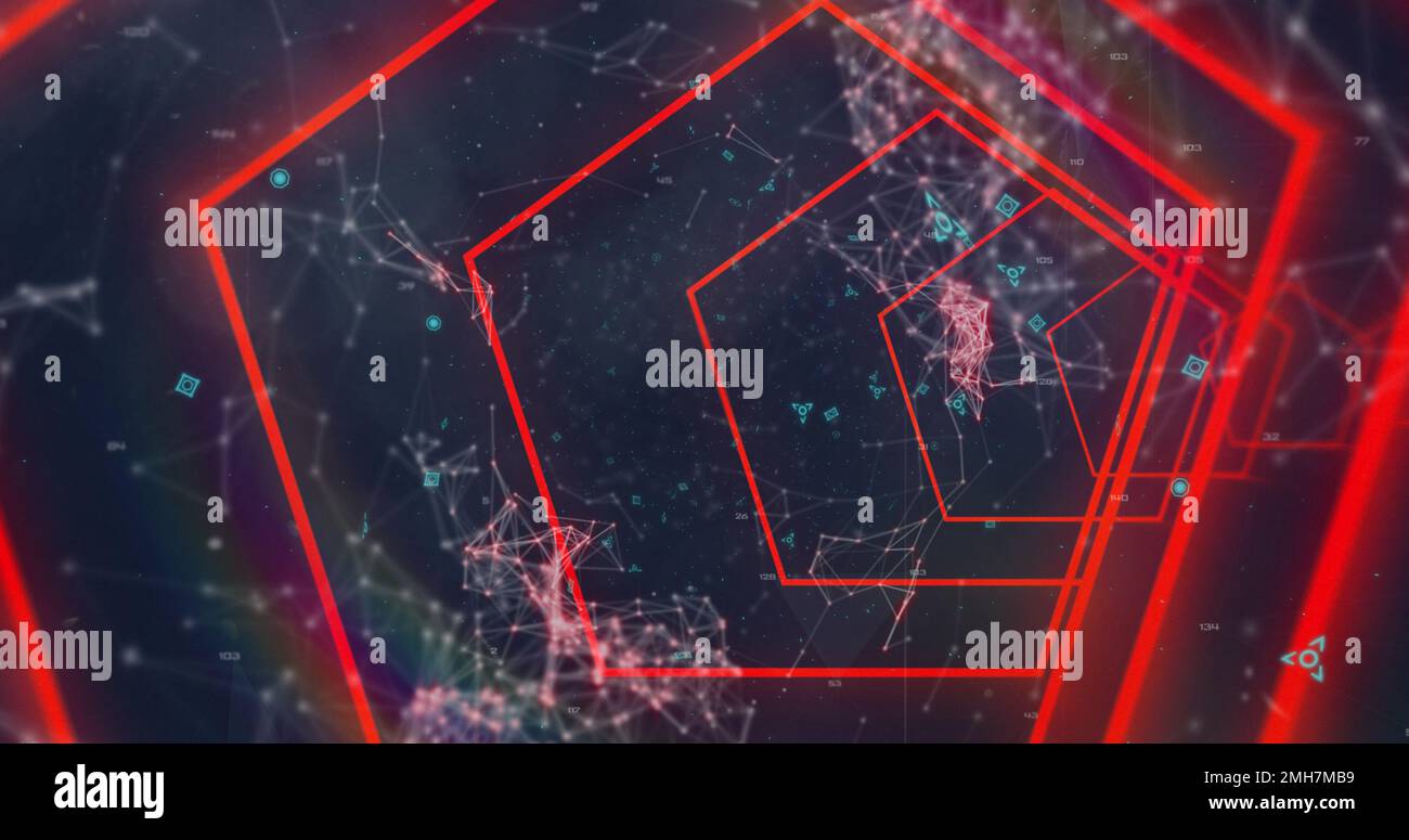 Composite of red neon hexagon tunnel over pink network of connections ...