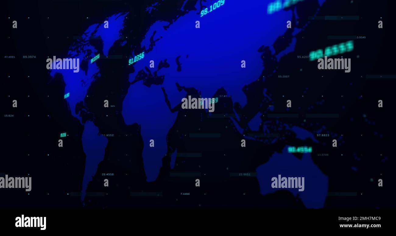Image of numbers and data processing over blue world map Stock Photo ...