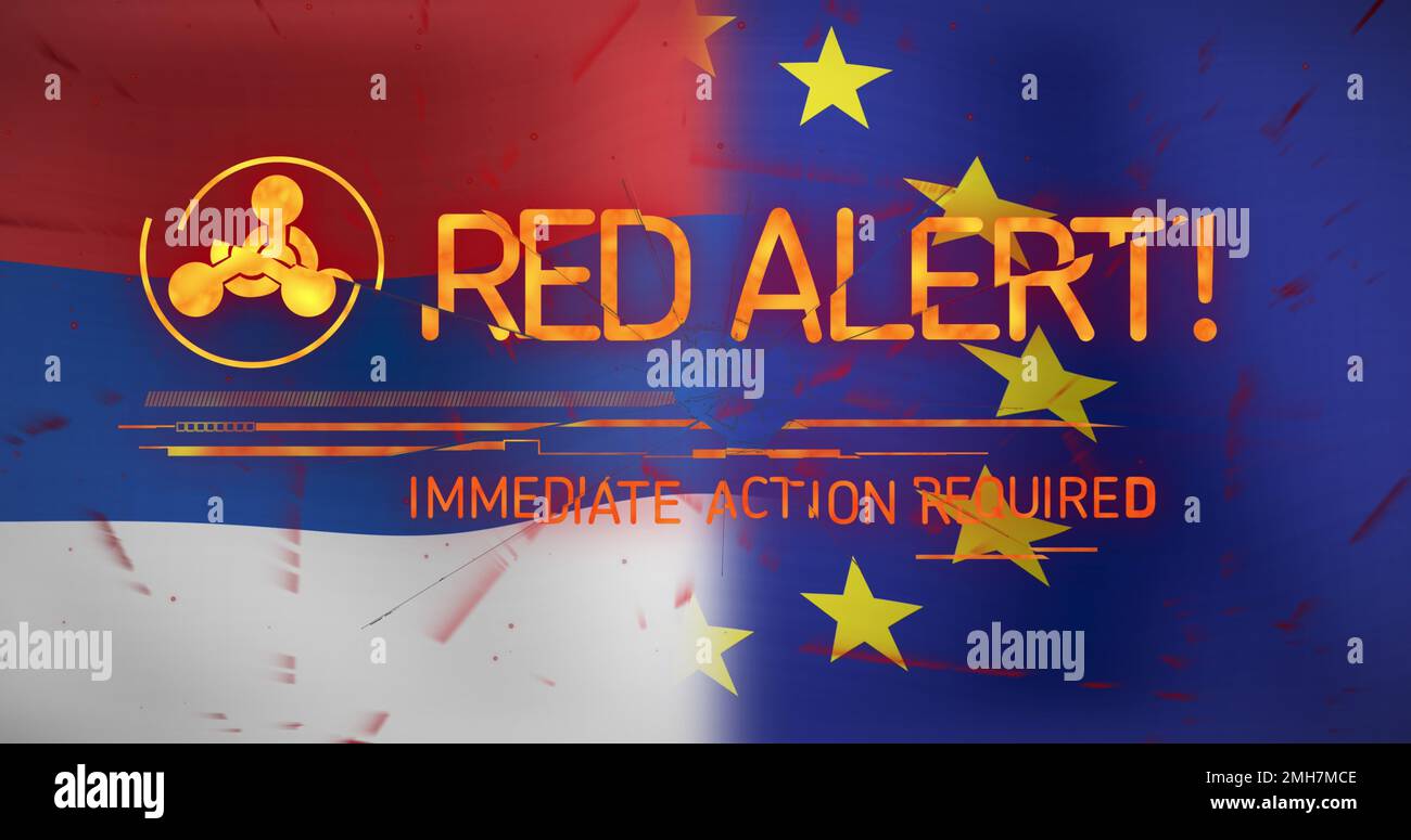 Composition of red alert text over russian and european union flag ...