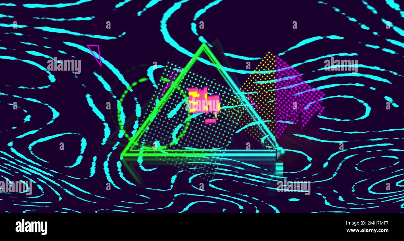 Image of abstract neon shapes and green pattern on black background ...