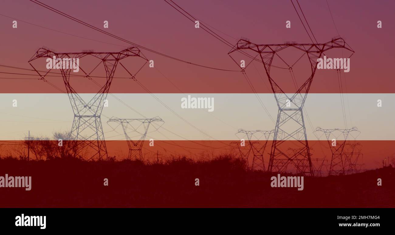 Image of red and white stripes over electricity pylons background Stock ...