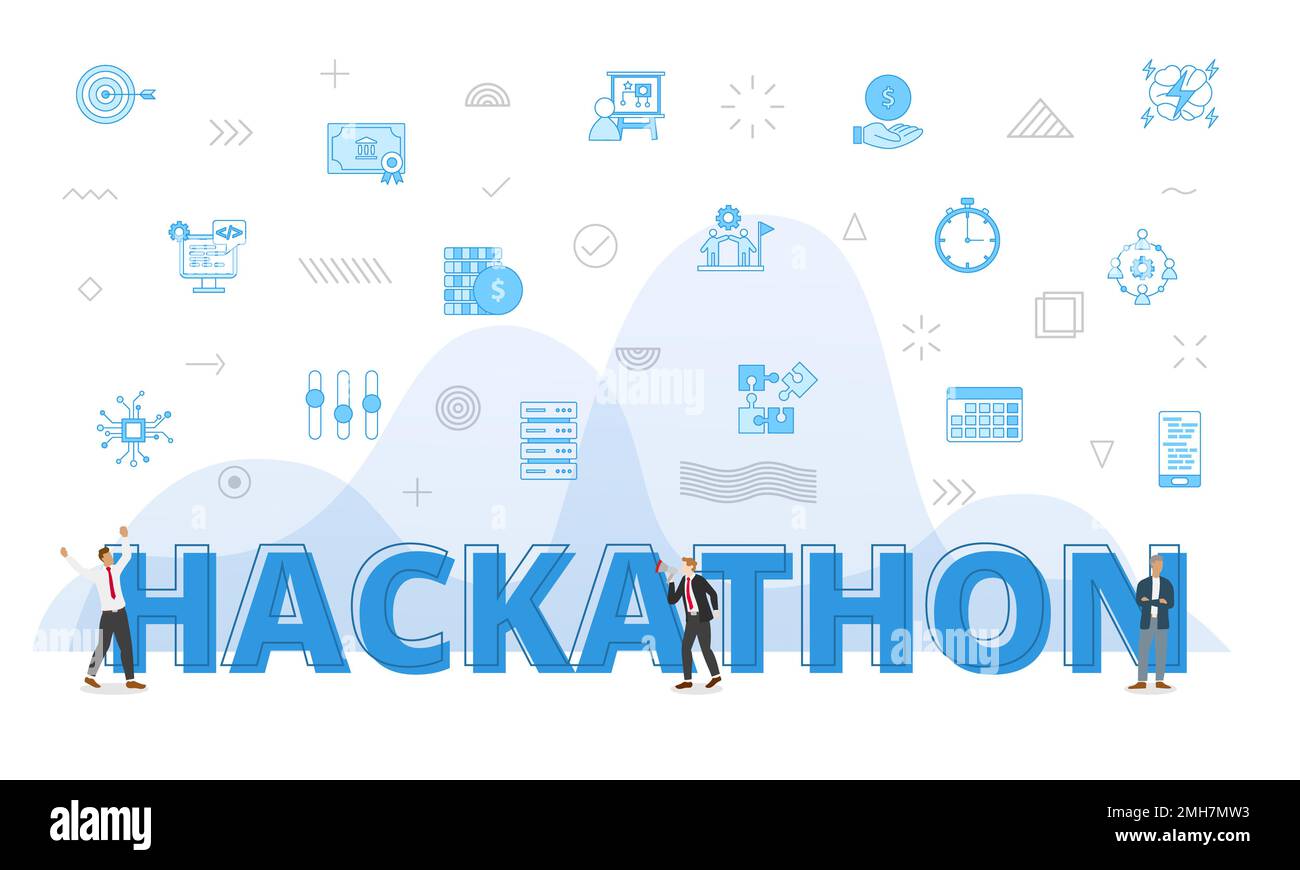 hackathon concept with big words and people surrounded by related icon with blue color style ...