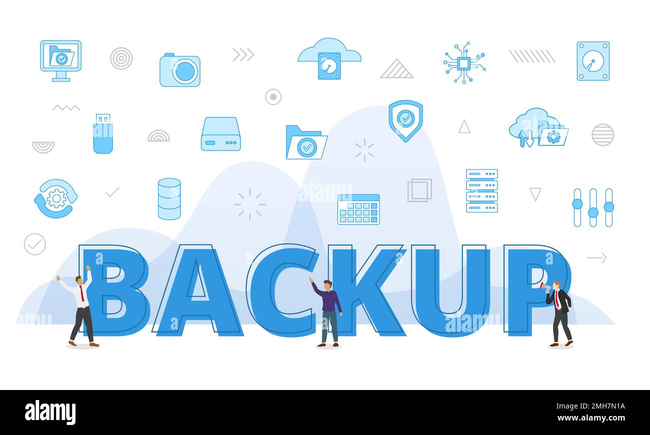 backup concept with big words and people surrounded by related icon ...