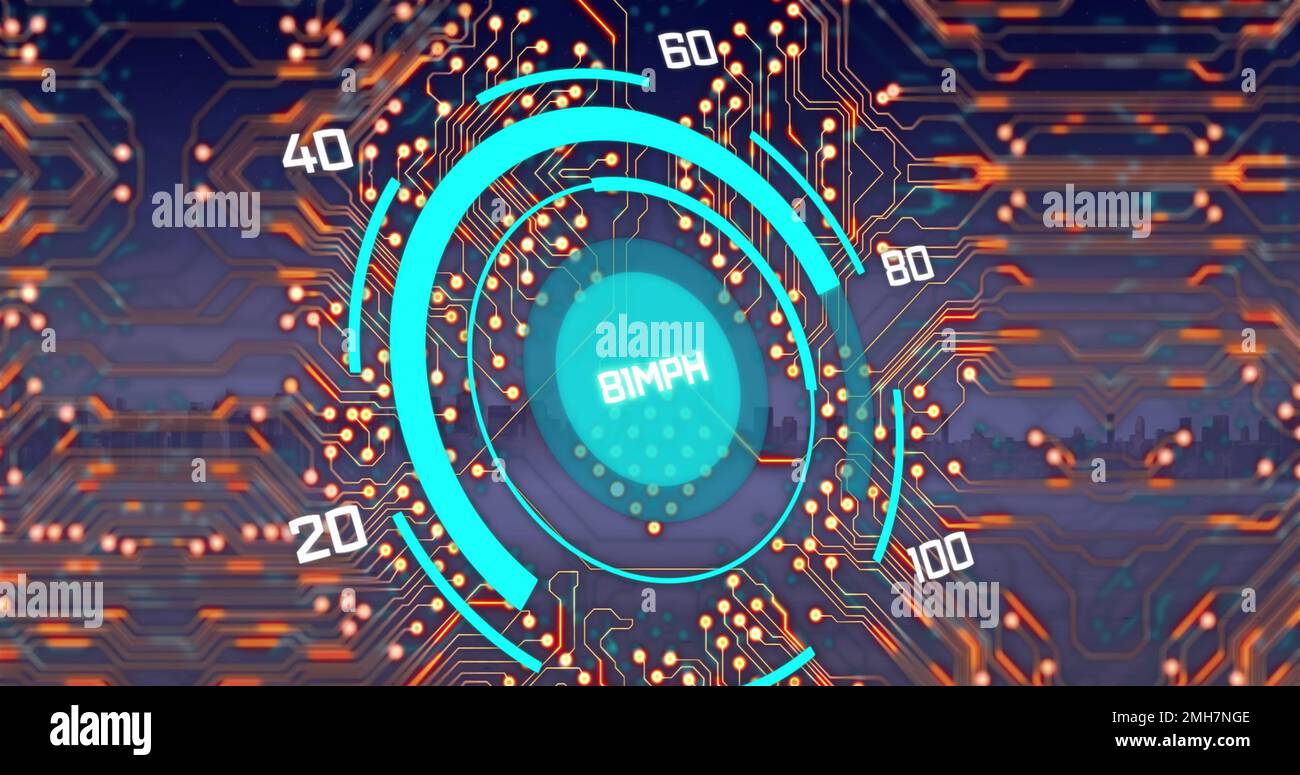 Composition of scope scanning and computer circuit board over cityscape ...