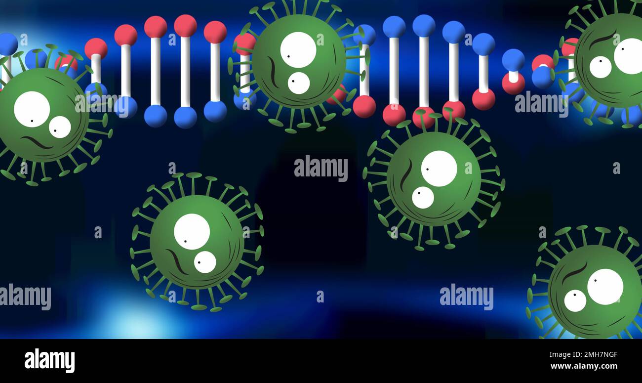 Composition of virus cells over dna strand on black background Stock ...