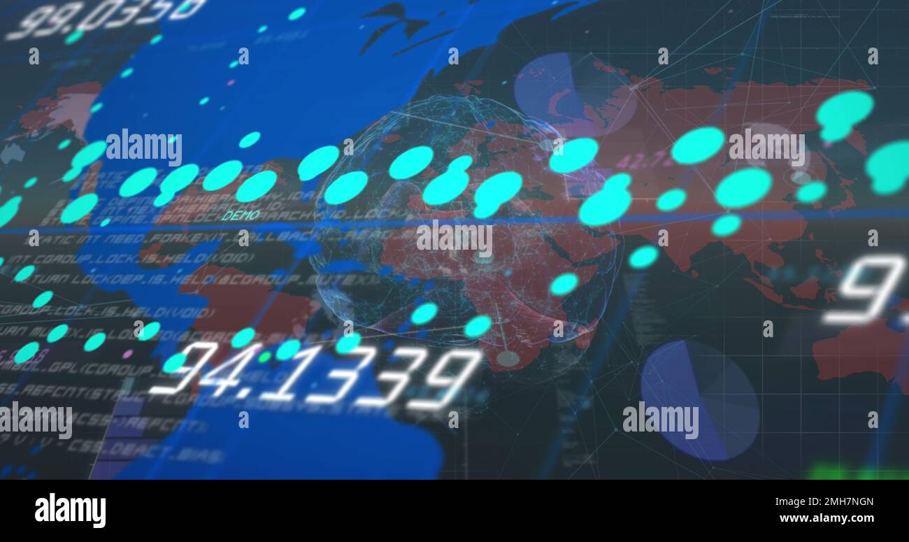 Composition of data processing over world map Stock Photo - Alamy