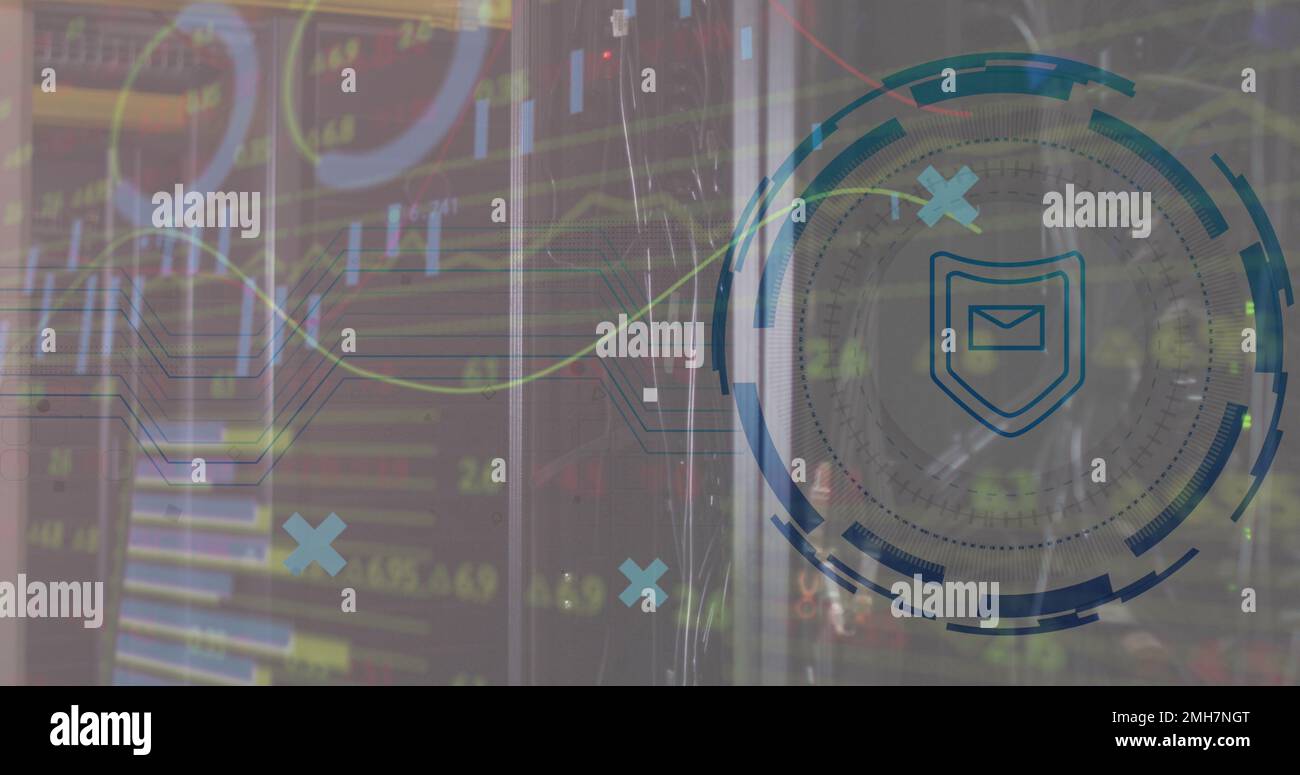 Composite of icon and data processing over computer servers Stock Photo ...