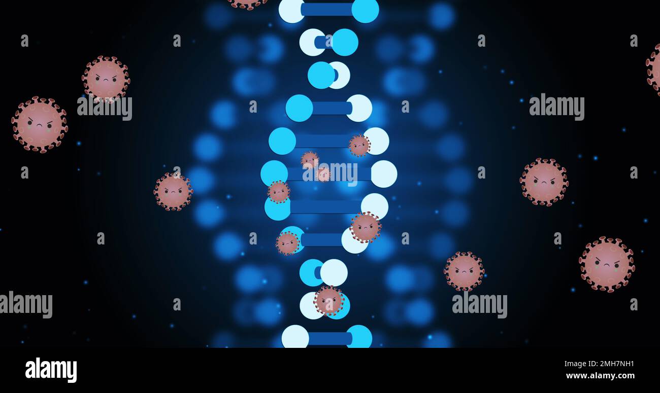 Composition of virus cells over dna strand on black background Stock ...