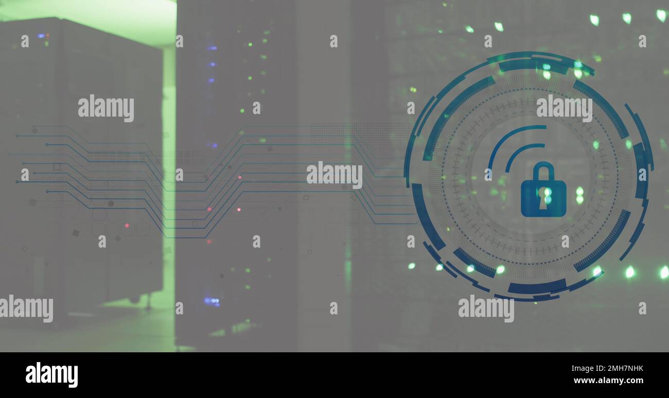 Composite of padlock icon and data processing over computer servers ...