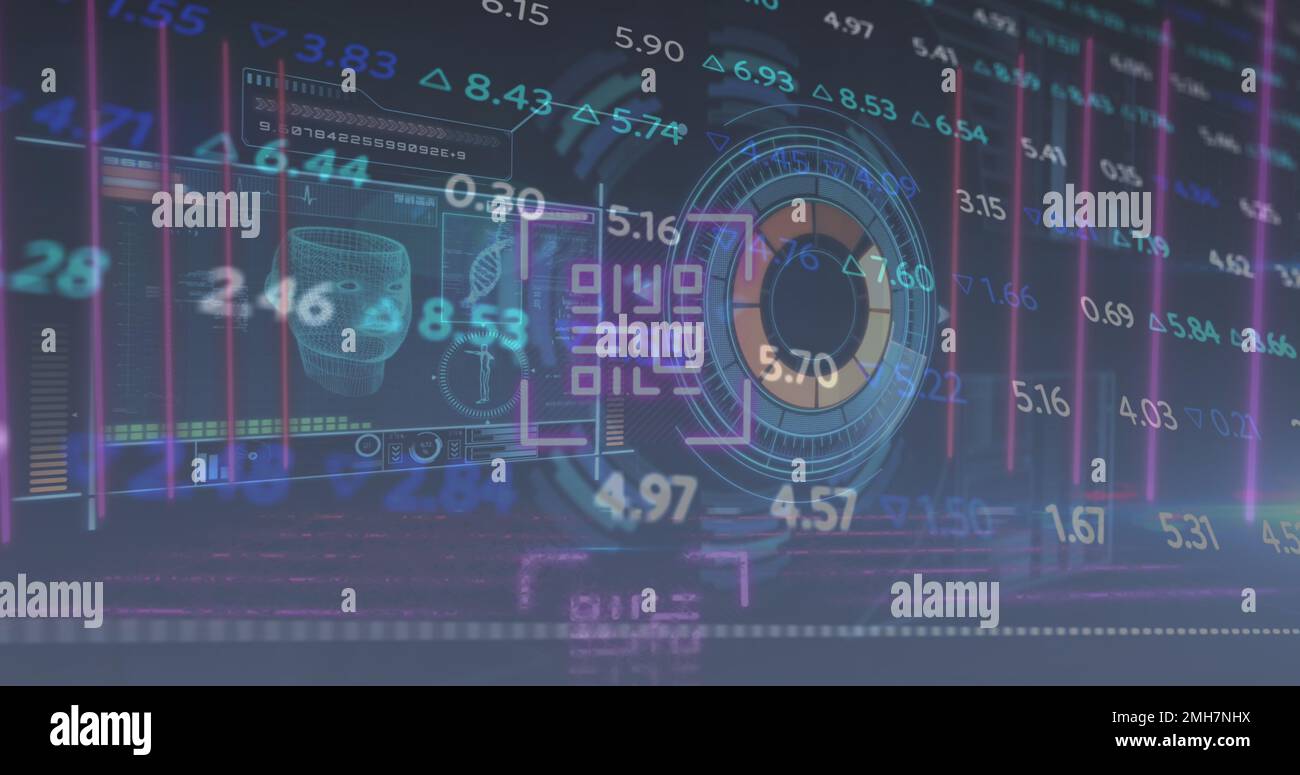 Composition of statistics, data processing with numbers over qr code Stock Photo - Alamy