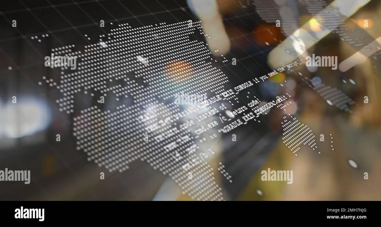 Composition of data processing over world map and cityscape Stock Photo ...