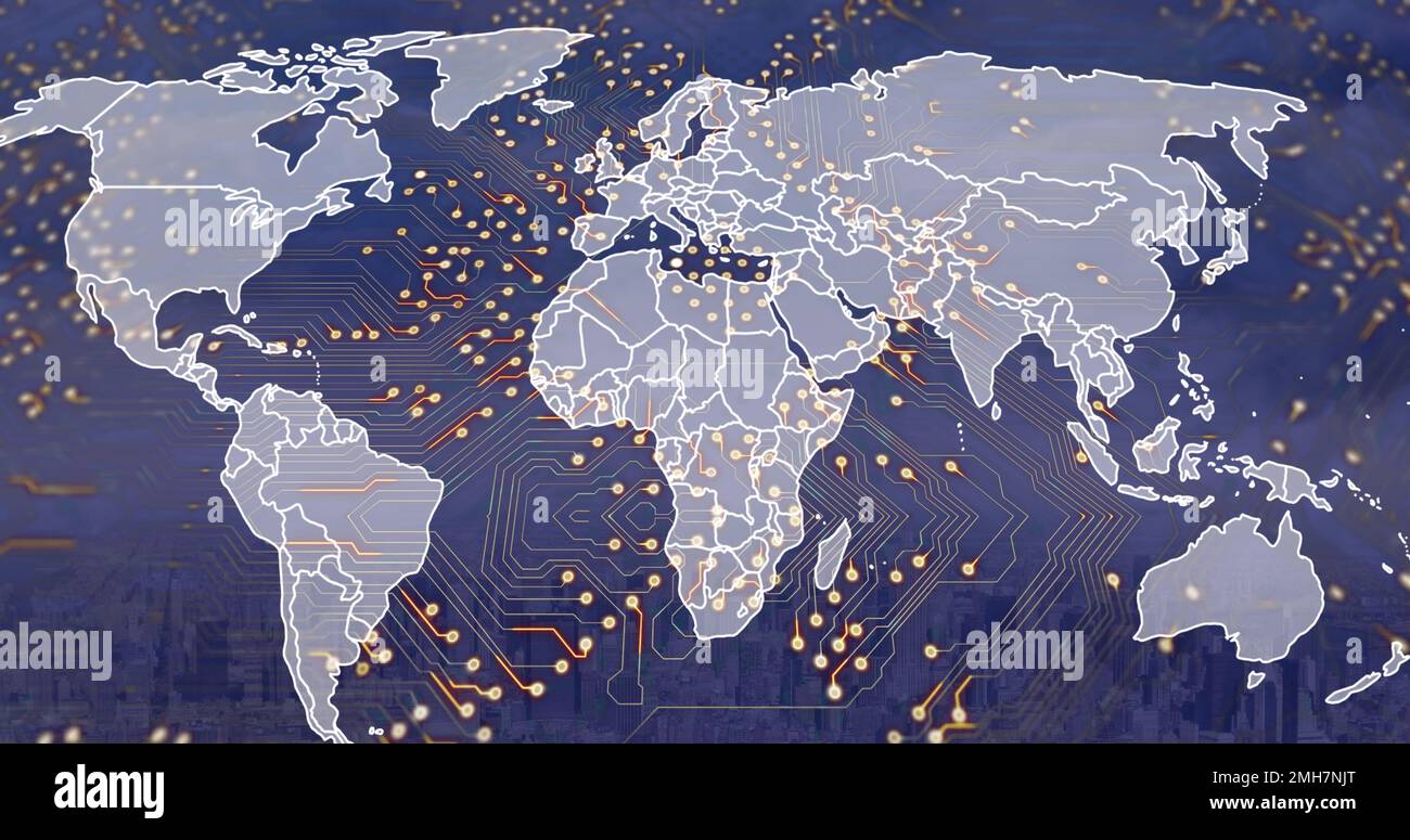 Animation cityscape over world map hi-res stock photography and images - Alamy