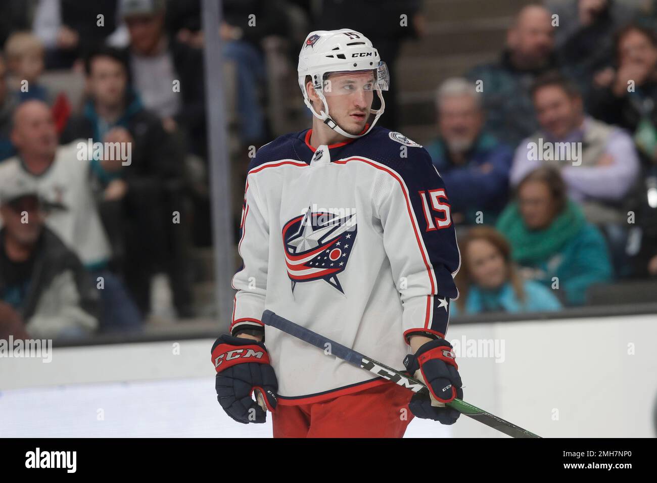 Columbus Blue Jackets left wing Jakob Lilja (15) against the San Jose ...