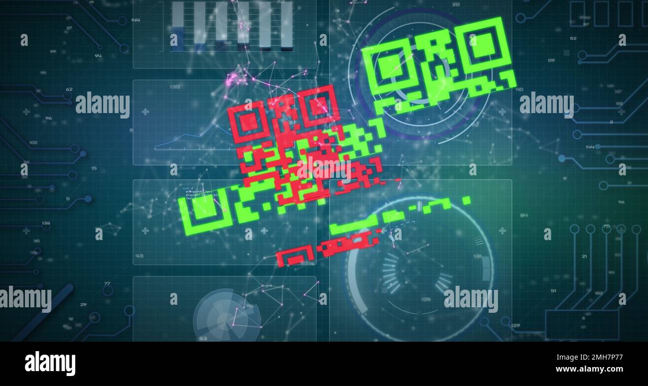Composition of qr code over data processing and network of connections on black background Stock ...