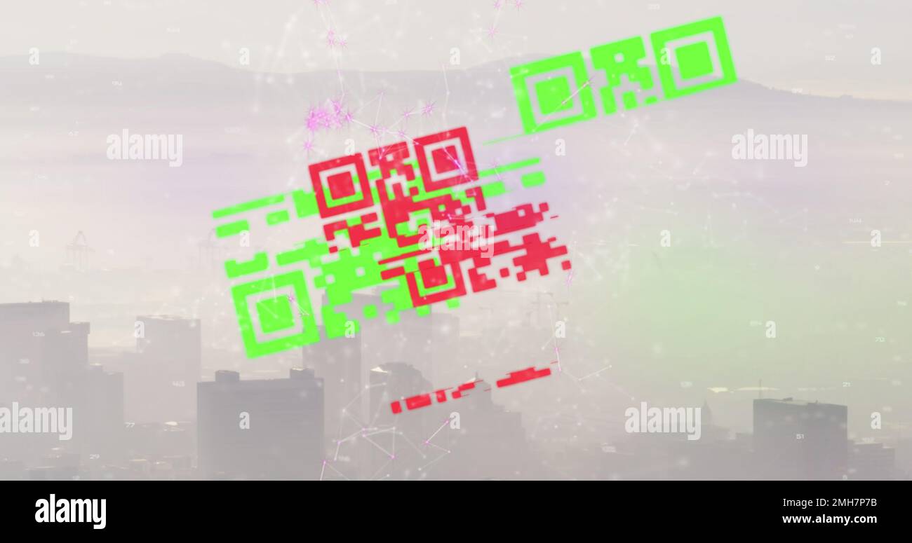 Composite of qr code, digital data processing with network of connections over cityscape Stock ...