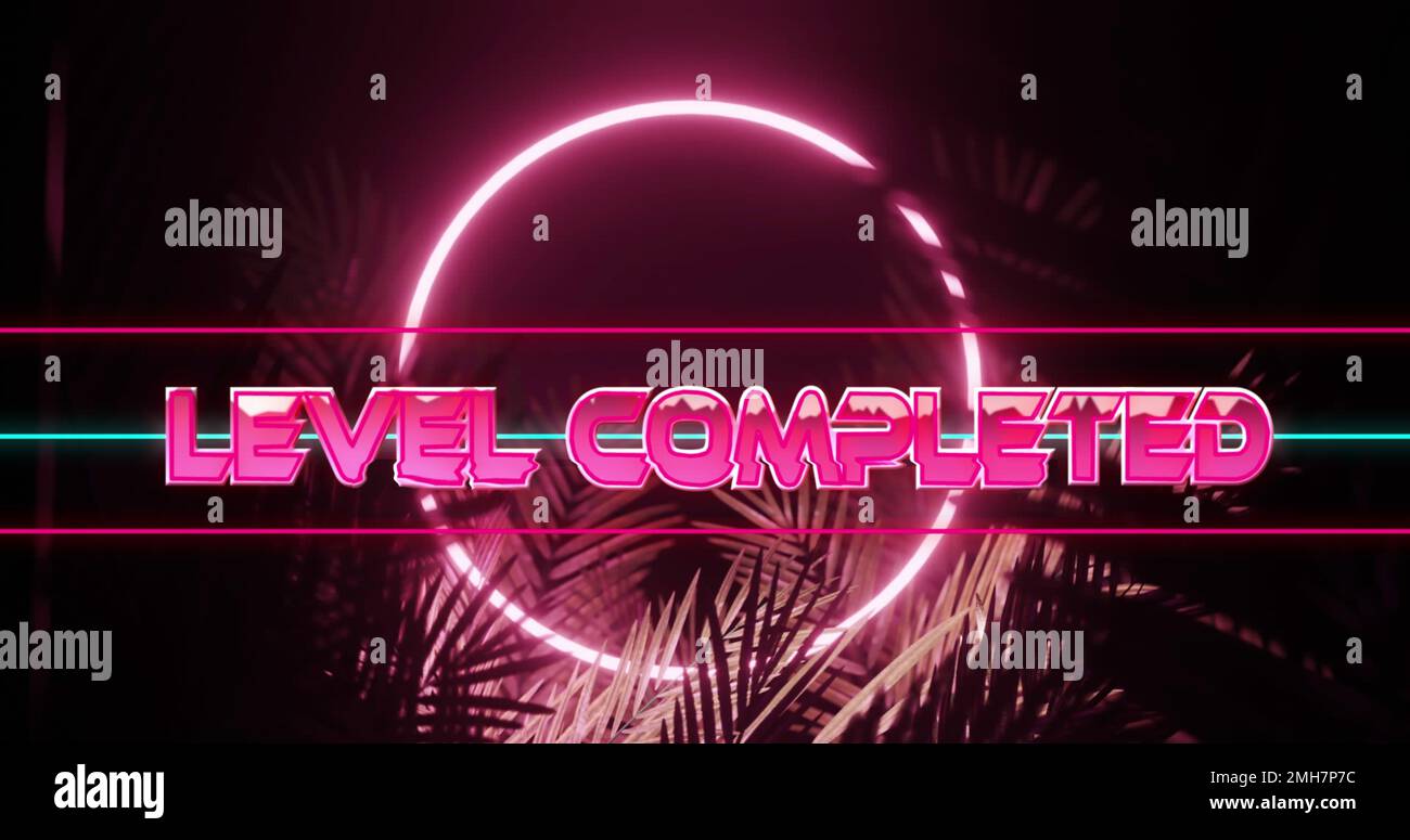 Composition of level completed text with neon shape and leaves on black ...