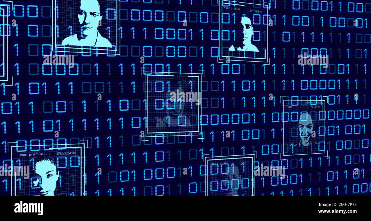 Composition of data processing over people portraits on black ...
