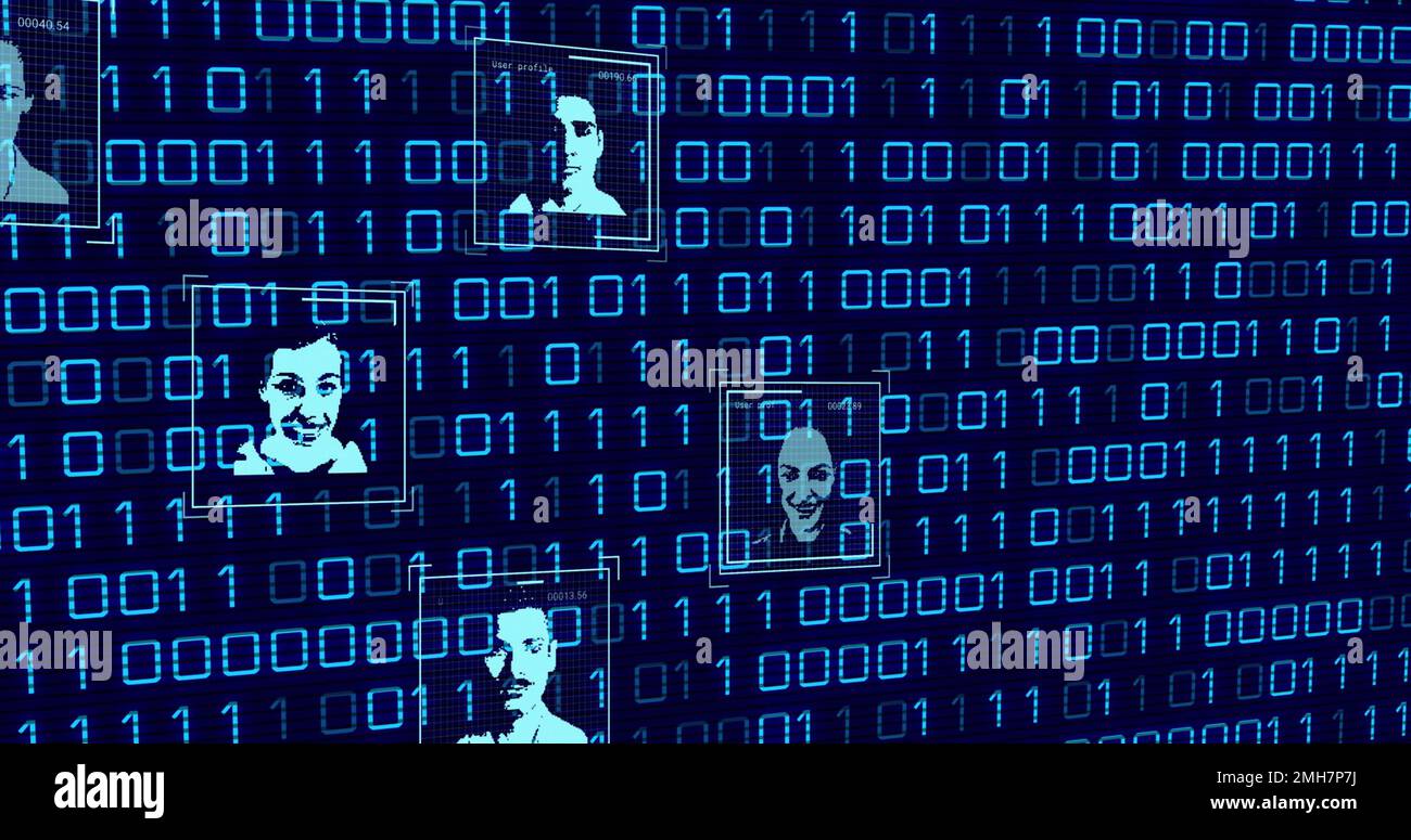 Composition of data processing over people portraits on black ...
