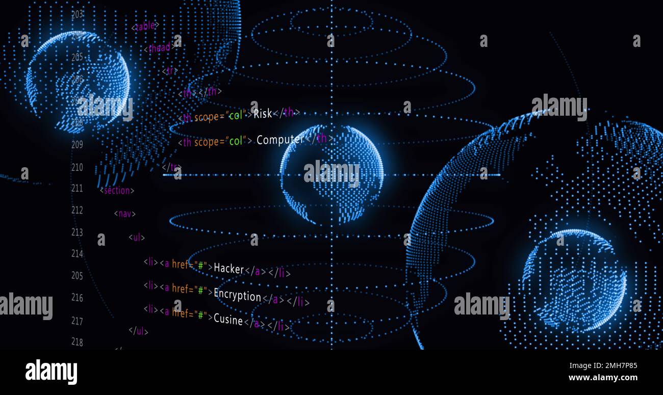 Image of data processing and globes on black background Stock Photo - Alamy