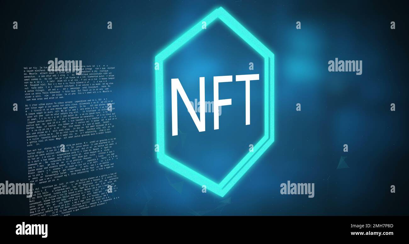 Composition of blue nft text over data processing on blue background ...