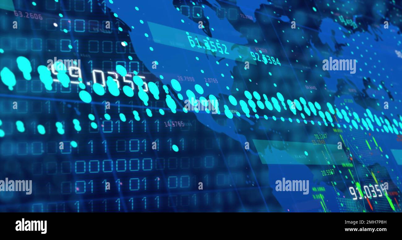 Composition of data processing over world map on black background Stock ...