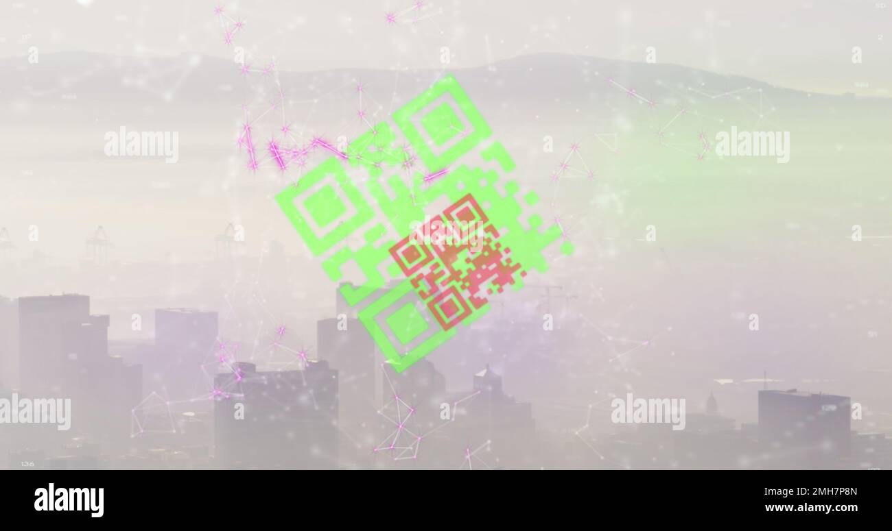 Composite of qr code, digital data processing with network of connections over cityscape Stock ...