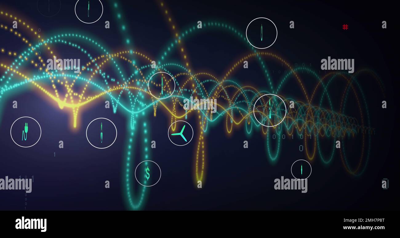 Image of dna strand, icons, data processing and connections on dark ...