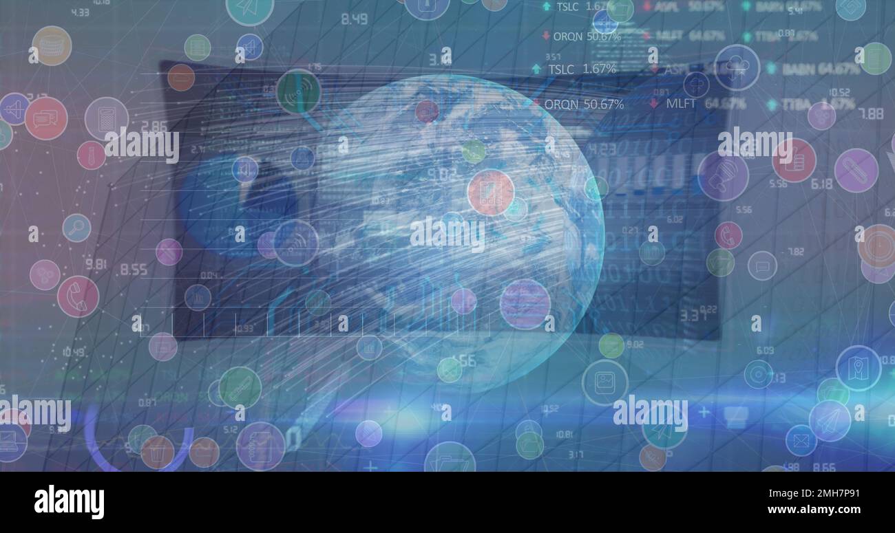 Composite of globe, digital data processing with network of connections ...