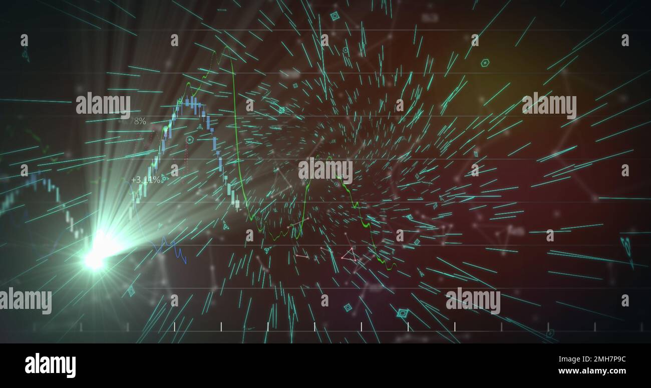 Composition of data processing over light trails on black background ...