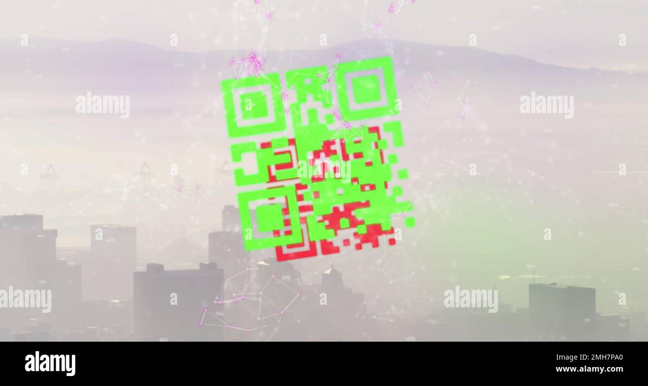 Composite Of Qr Code Digital Data Processing With Network Of