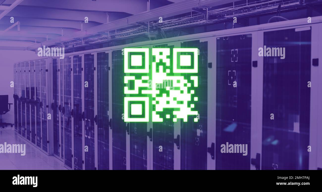 Composition of data processing with qr code over server room Stock Photo - Alamy