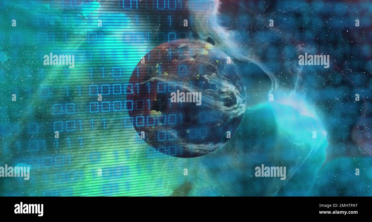 Image of binary code over brown planet Stock Photo - Alamy