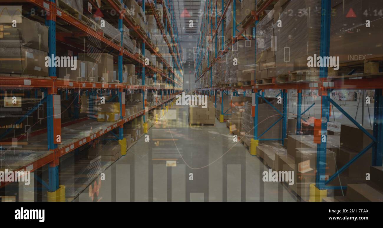 Image of graphs and financial data over warehouse Stock Photo - Alamy