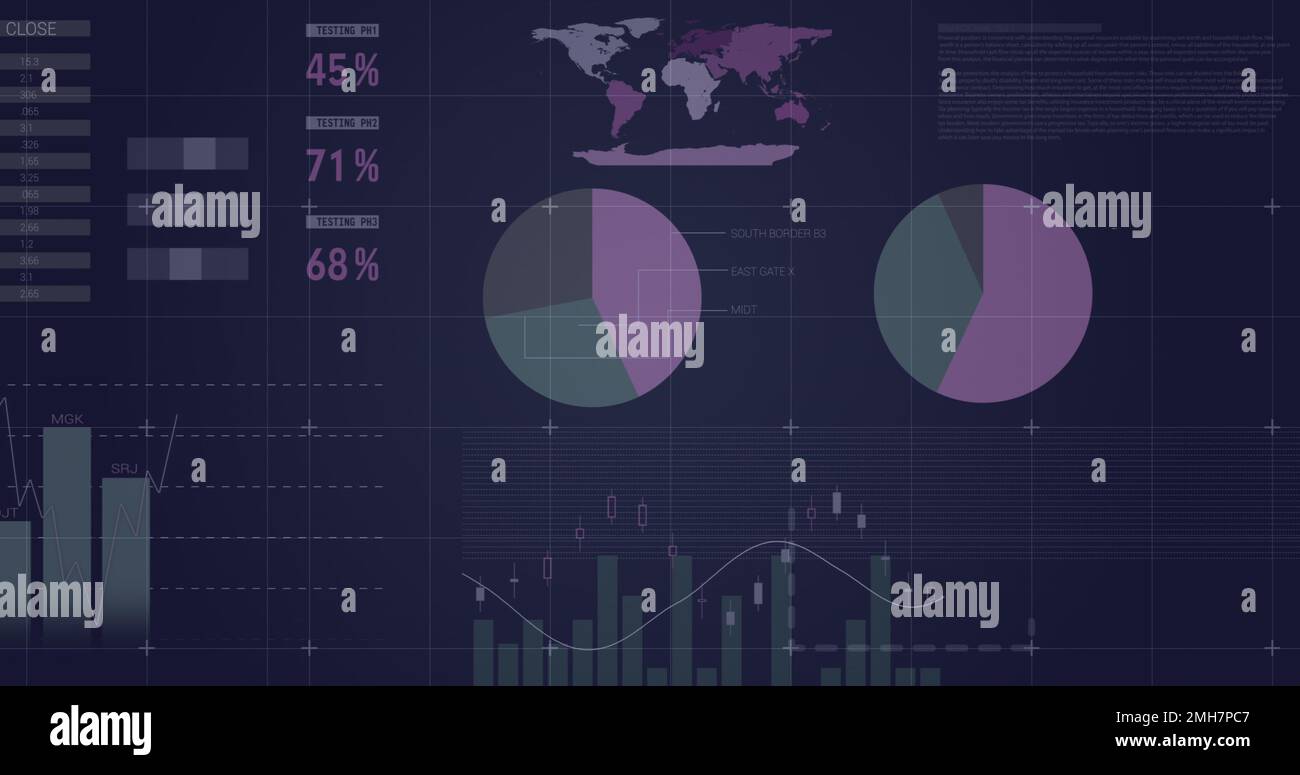 Image of circle over digital screen with financial graphs and data ...