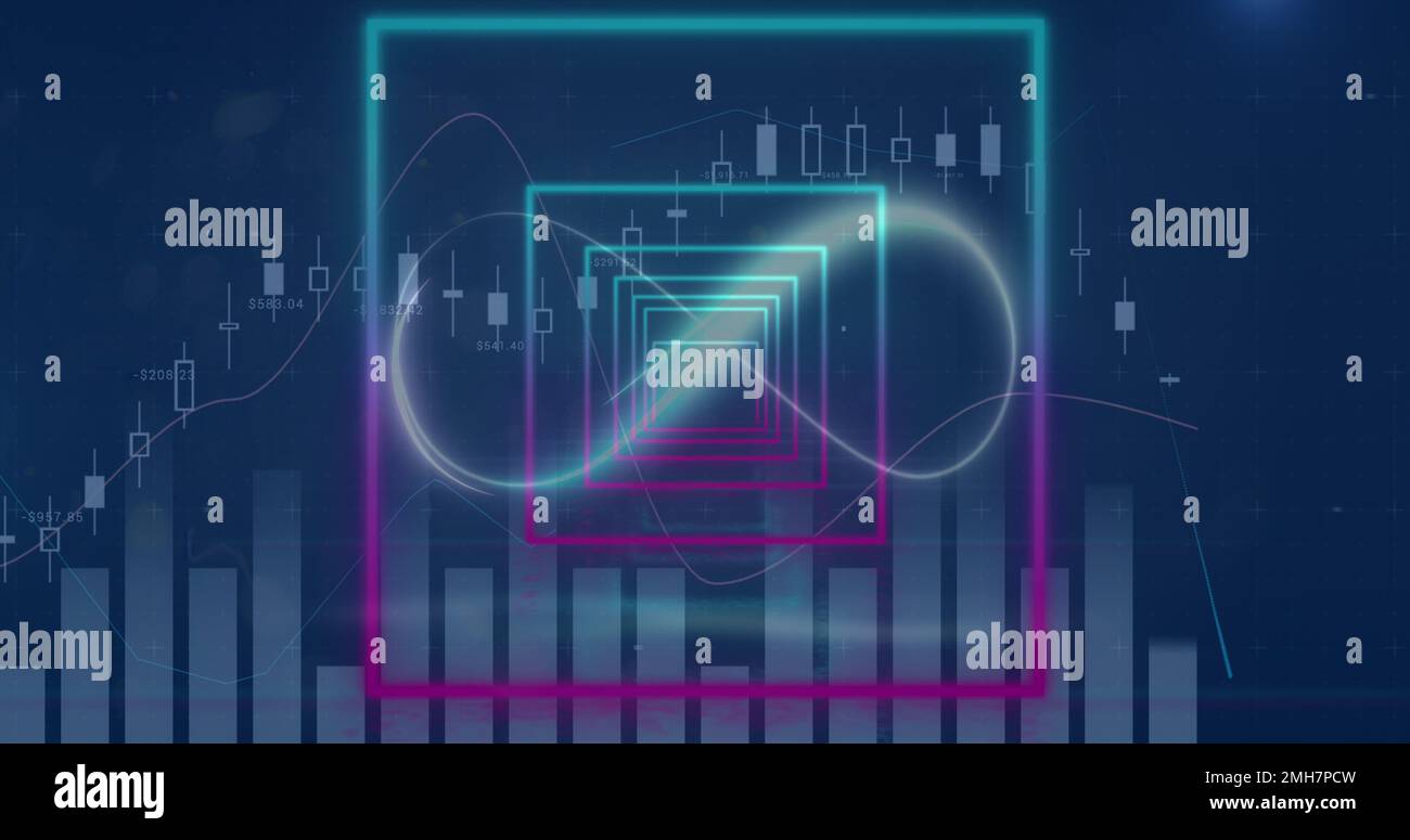 Image of neon infinity over digital screen with squares and graphs ...