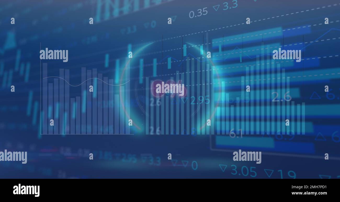 Image of circle 0 percent over digital screen with financial graphs ...
