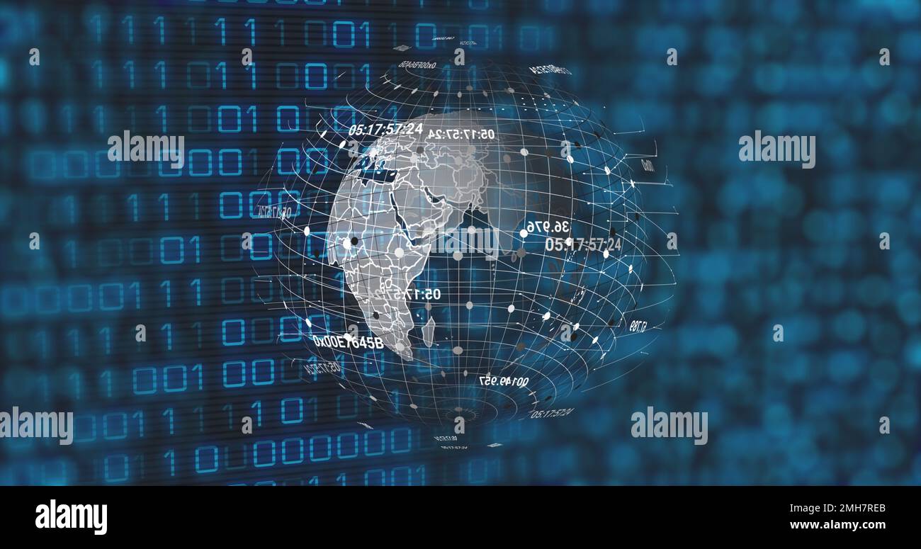 Image of globe and binary code on black background Stock Photo - Alamy