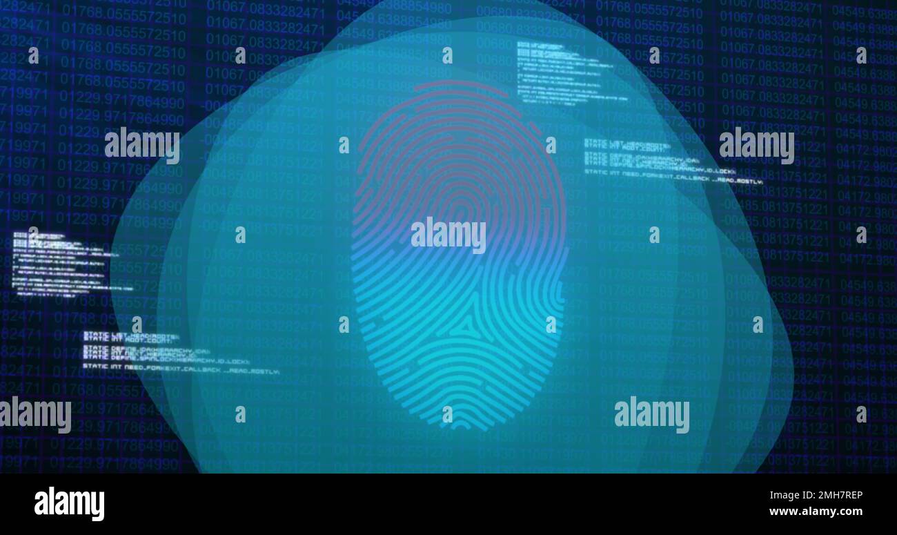 Image of data processing and fingerprint over binary code on navy background Stock Photo - Alamy