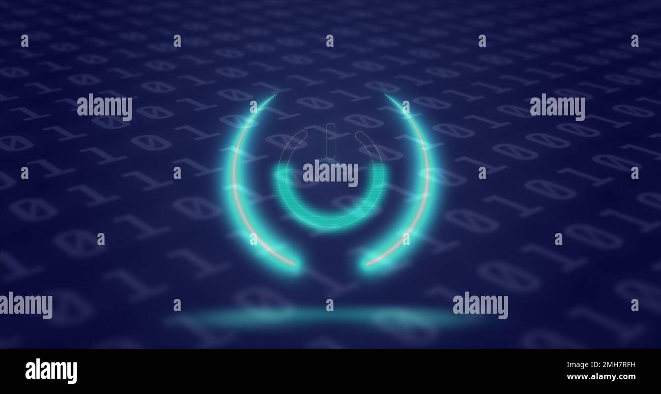 Image of neon circle with power over binary code on digital screen ...